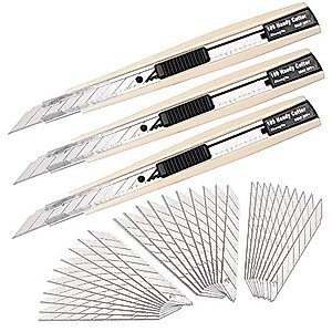 Gift Wrap Cutter Retractable Box Cutter, 3 Pcs Lockable Blade Knives + 30 Pcs 30 Degree 9mm Snap Off Blades, Smooth Mechanism Craft Knife, Christmas Wrapping Paper Cutter
