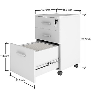 Lazio 26 Inch File Cabinet with Lock - Filing Cabinet for Home and Office - 3 Drawer File Cabinet with Wheels for A4 Sized Letters/Documents, Legal Sized Documents, Hanging File Folders - White/White