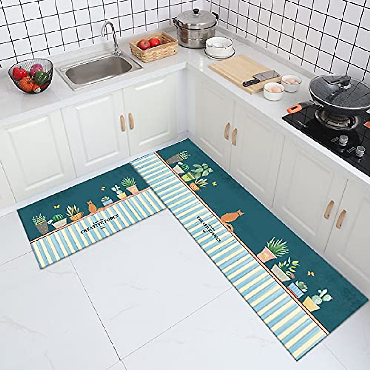 OPLJ Cartoon Plant Floor mats Home Living Room Bedroom Decorative mats Non-Slip Washable Carpet Door mats A2 40x60cm+40x120cm