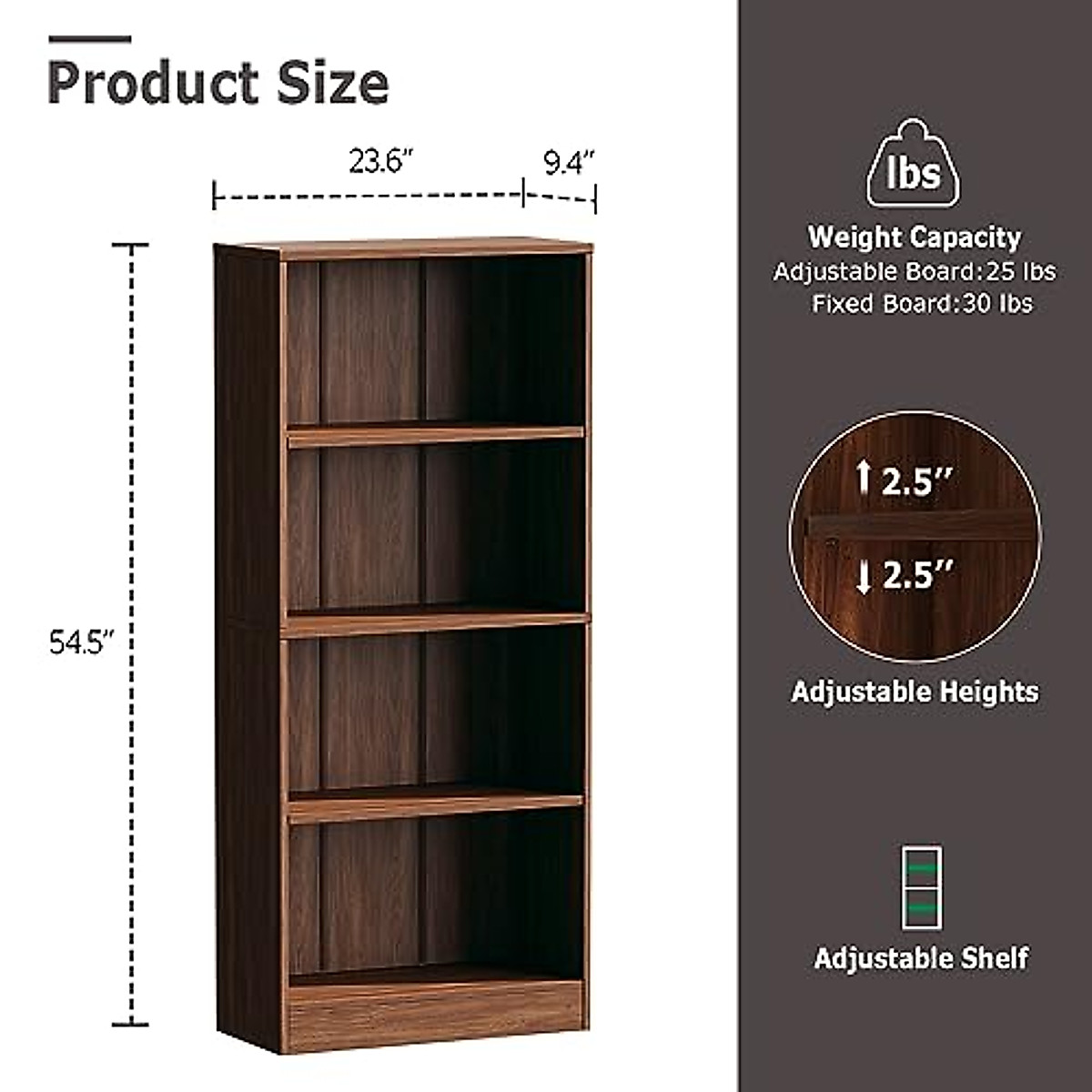 DIFY 4-Shelf Bookshelf, Wood Display Storage Shelves 54.5" Tall Bookcase Open Bookshelf for Home Office, Living Room and Bedroom, Walnut
