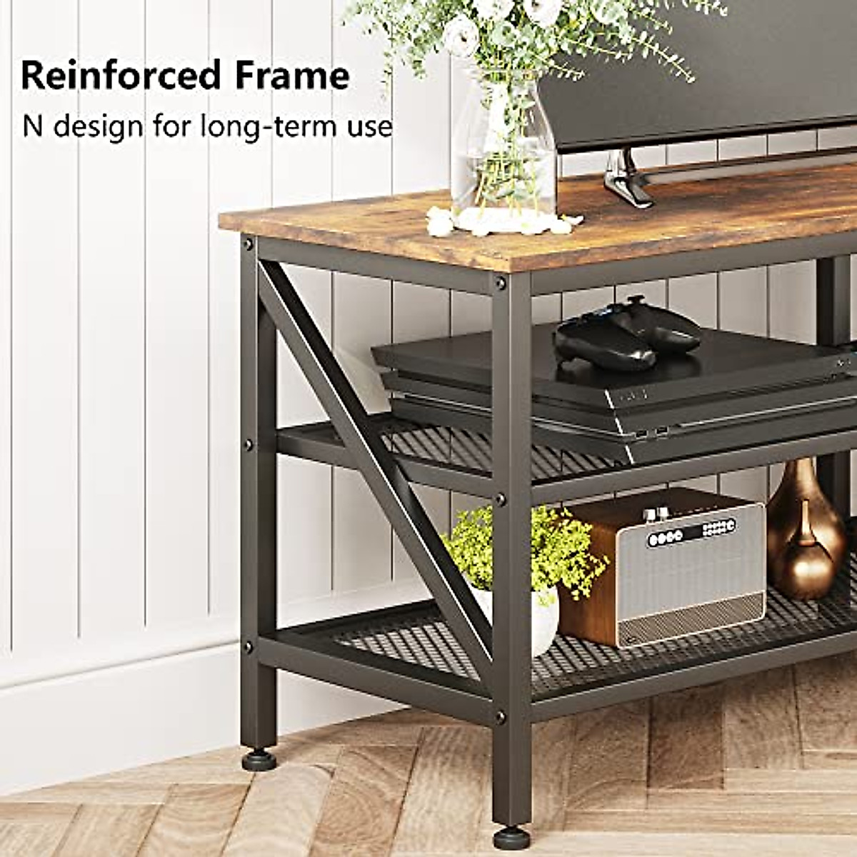 Mexin TV Stand for 65 75 Inch TV, 63 Inch TV Stands for Living Room and Bedroom, Industrial Television Stands, Entertainment Center with Storage, Modern TV Console, Rustic Brown