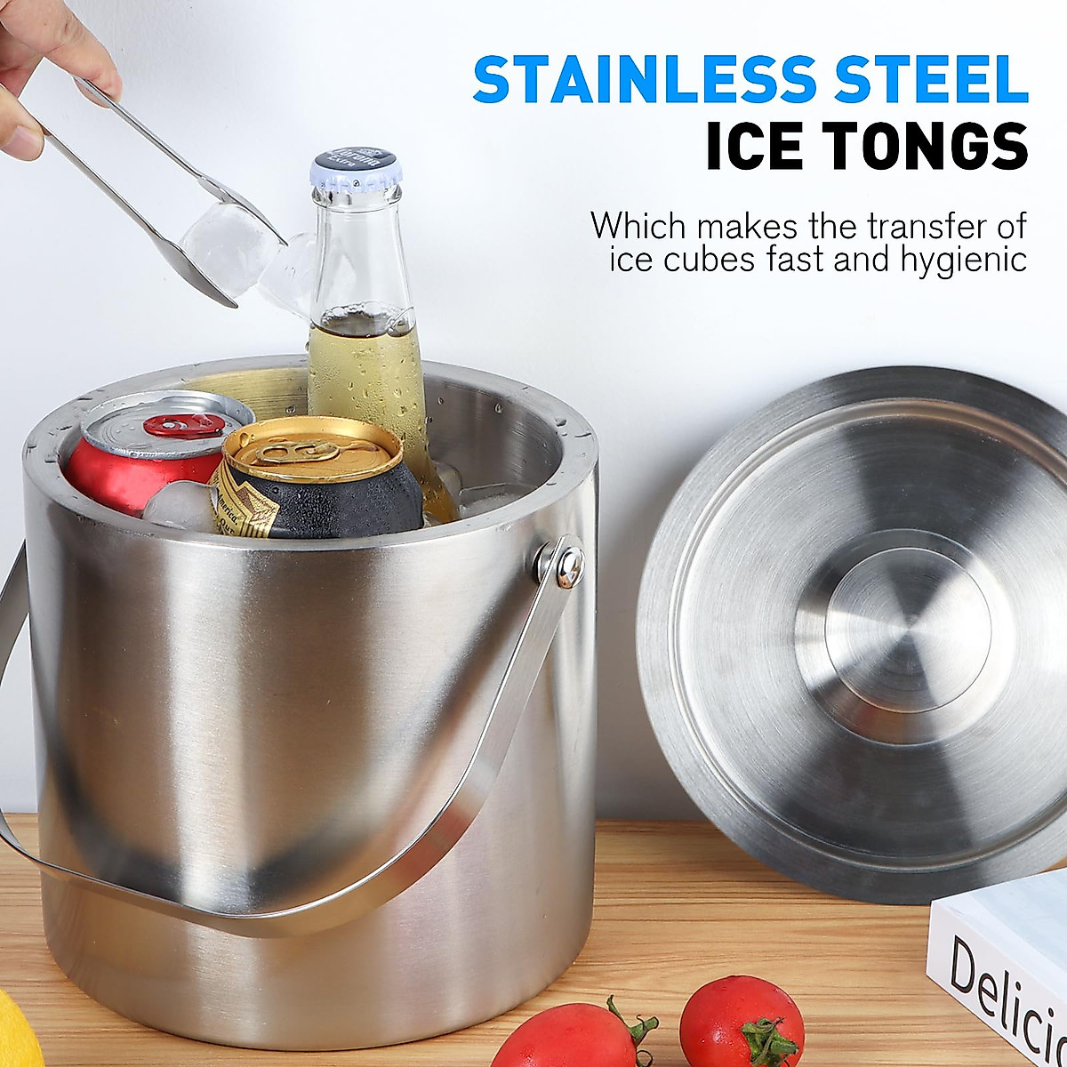 3L Double Wall Stainless Steel Ice Bucket with Lid,Scoop,Tongs, Insulated Ice Bucket for Cocktail Bar and Parties