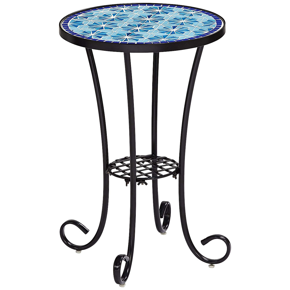 Teal Island Designs Blue Star Modern Black Metal Round Outdoor Accent Side Table 14" Wide with Lower Shelf Mosaic Tabletop Gracefully Curved Legs for Porch Patio Home House Balcony Spaces Deck
