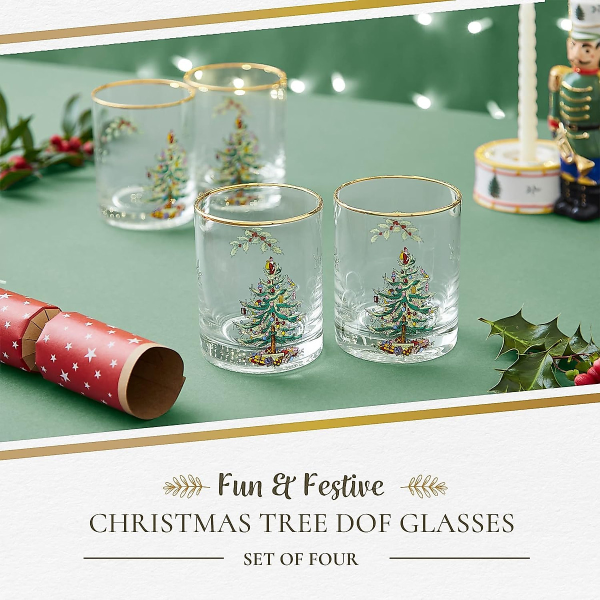 Spode Christmas Tree 14oz Double Old Fashioned Glasses, Set of 4 - Festive Holiday Drinkware with Rustic Christmas Design, Excellent for Whiskey at Holiday Gatherings and Cozy Celebrations