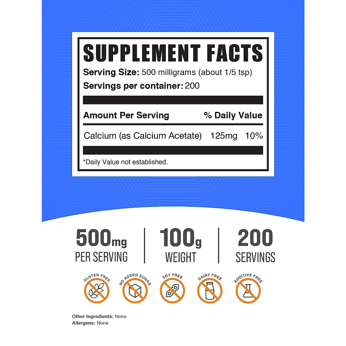 BulkSupplements.com Calcium Acetate Powder - Calcium Supplement, Calcium Acetate Supplement - Food Grade & Gluten Free, 500mg (125mg Calcium) per Serving, 100g (3.5 oz) (Pack of 1)