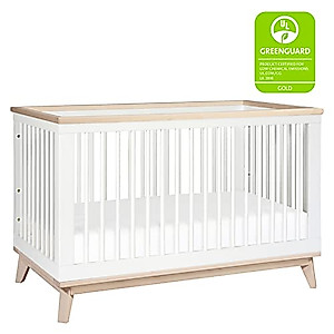 Babyletto Scoot 3-in-1 Convertible Crib with Toddler Bed Conversion Kit in White and Washed Natural, Greenguard Gold Certified