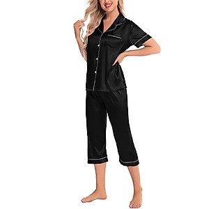 SWOMOG Satin Pajama Set Women Silk Pjs Set Short Sleeve 2 Piece Button Down Sleepwear Lounge Sets Black