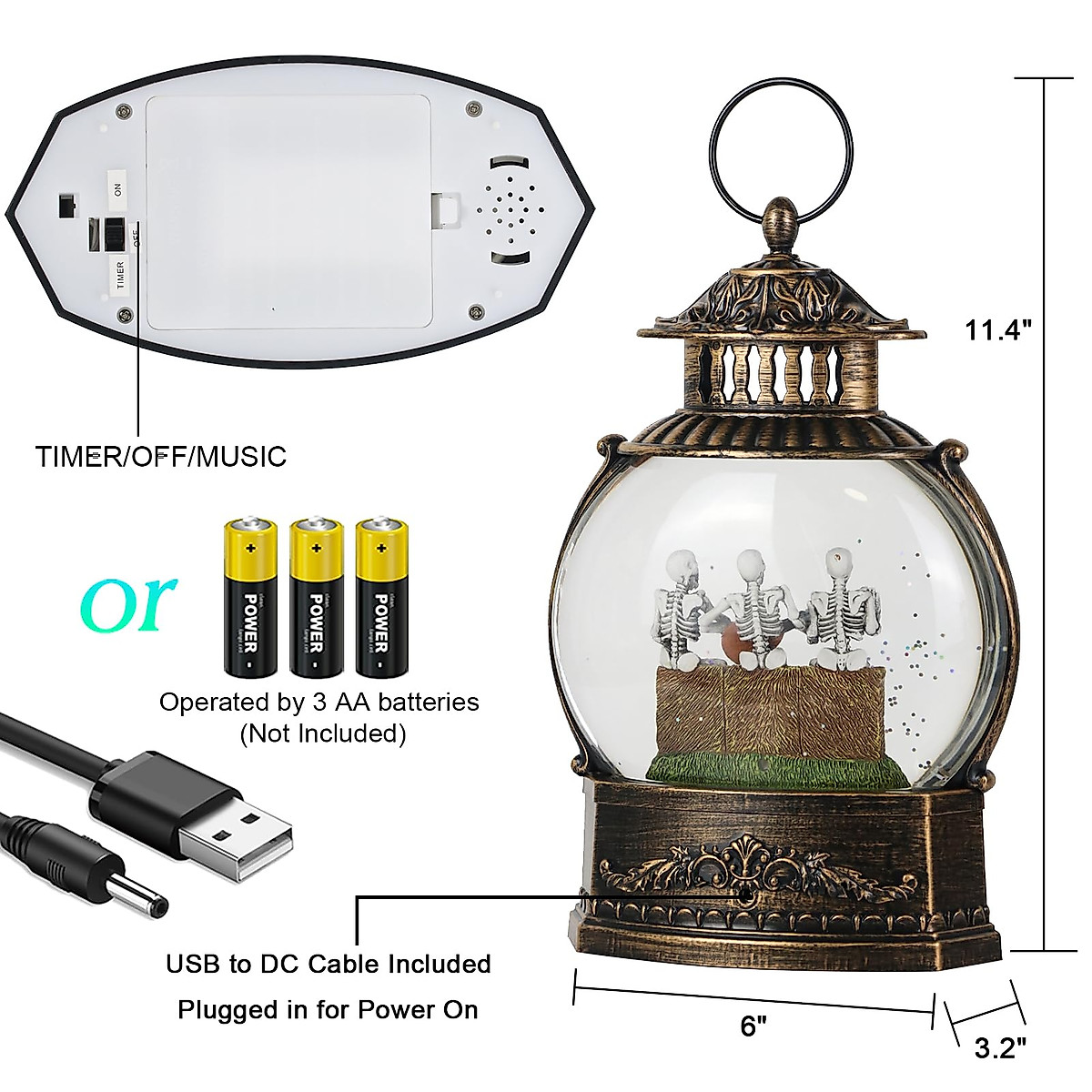 DRomance Halloween Skeleton Snow Globe Lantern with 6H Timer Battery Operated USB Powered Lighted Water Glitters Bronze Canteen Shaped Snow Globe Halloween Decoration Children Gift(6 x 3.2 x 11 Inch)