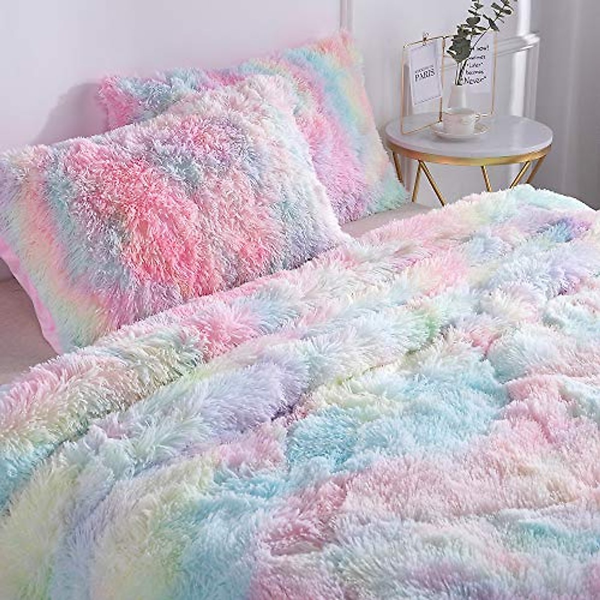 Wajade Faux Fur Plush Rainbow Comforter Set Fluffy Fuzzy Shaggy Bedding Set - 3PC Full Size Microfiber Soft Warm Quilt Set