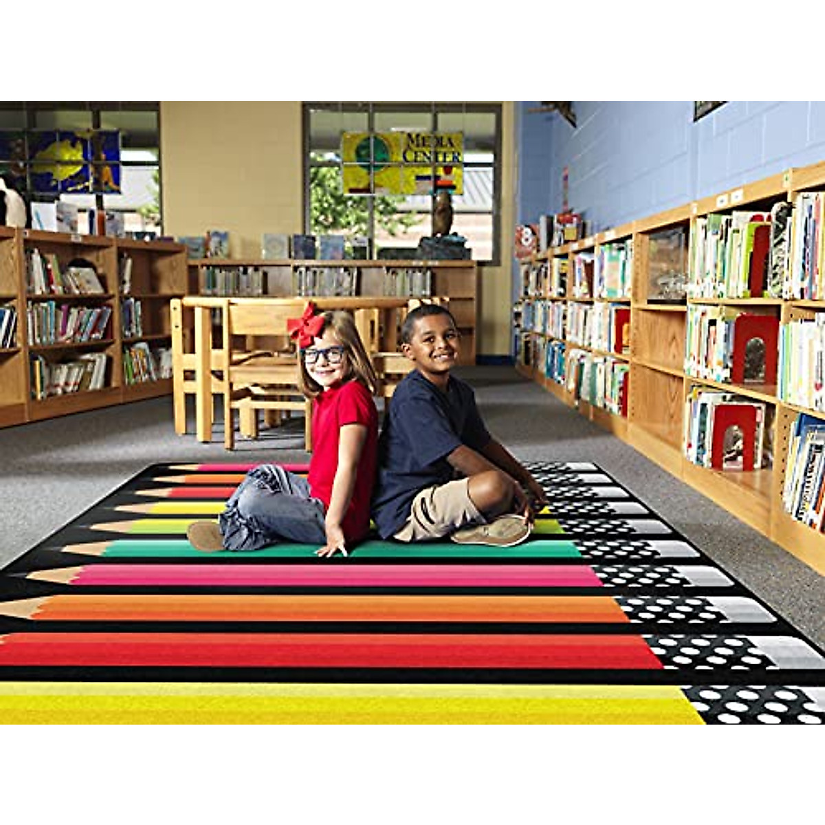 Flagship Carpets Schoolgirl Style Stylish Black & White Brights Pencil Classroom Area Rug for Indoor Classroom Learning or Kid Bedroom Educational Play Mat, 7'6" x 12', Multi