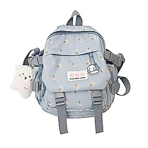 AONUOWE Mini Floral Aesthetic Backpack Cute Japanese School Bag Small Kawaii Backpack with Plush Accessories (Blue)