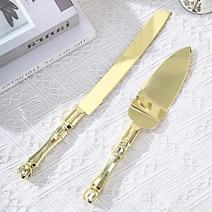 ZOMUIA Wedding Cake Knife and Server Set, Stainless Steel Gold Plated Blades Serving Utensils, Stainless Steel Cake Pie Pastry Cutting Knife for Wedding Cake, Birthdays, Anniversaries, Parties-Gold