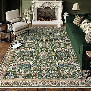 Lahome Washable Green Area Rugs for Living Room 8x10, Vintage Bedroom Floor Rugs Stain Resistant, Non Slip Rubber Backed Boho Carpets for Dining Home Apartment (Grass Green)