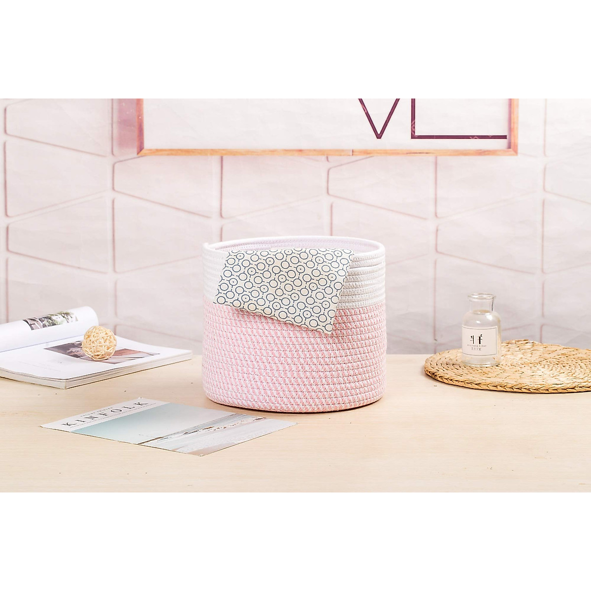 YUKIMOCOO S Size Pink Cotton Rope Basket with Lid Mini Woven Basket Cute Toy Storage Basket Towel Storage Little Organizer Pink Basket for Living Room Nursery Storage Basket Pink Basket for Girl