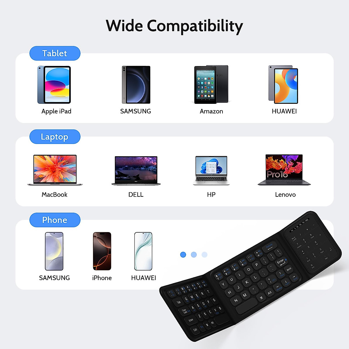LAMA Foldable Bluetooth Keyboard, Folding Wireless Keyboard with Trackpad and Numeric Keypad, Portable Keyboards for iPad Tablet Smartphone Laptop PC Android Windows iOS, Support 3 Device