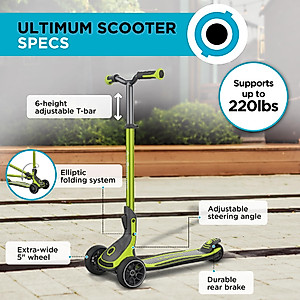 Globber Ultimum Scooter | 3-Wheel Kick Scooter for Adults & Kids 5+ | Foldable Kick Scooter with Safe, Non-Slip Deck & Premium Brakes (Lime Green)