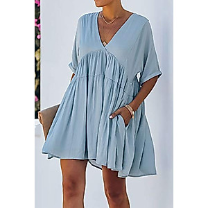 HUUSA 2020 Women's Summer Cute Babydoll Swing Flowy Tunic Dress Ladies Short Sleeve V Neck Casual Loose Solid Color Fashion Mini Shift Dresses Sky Blue Large