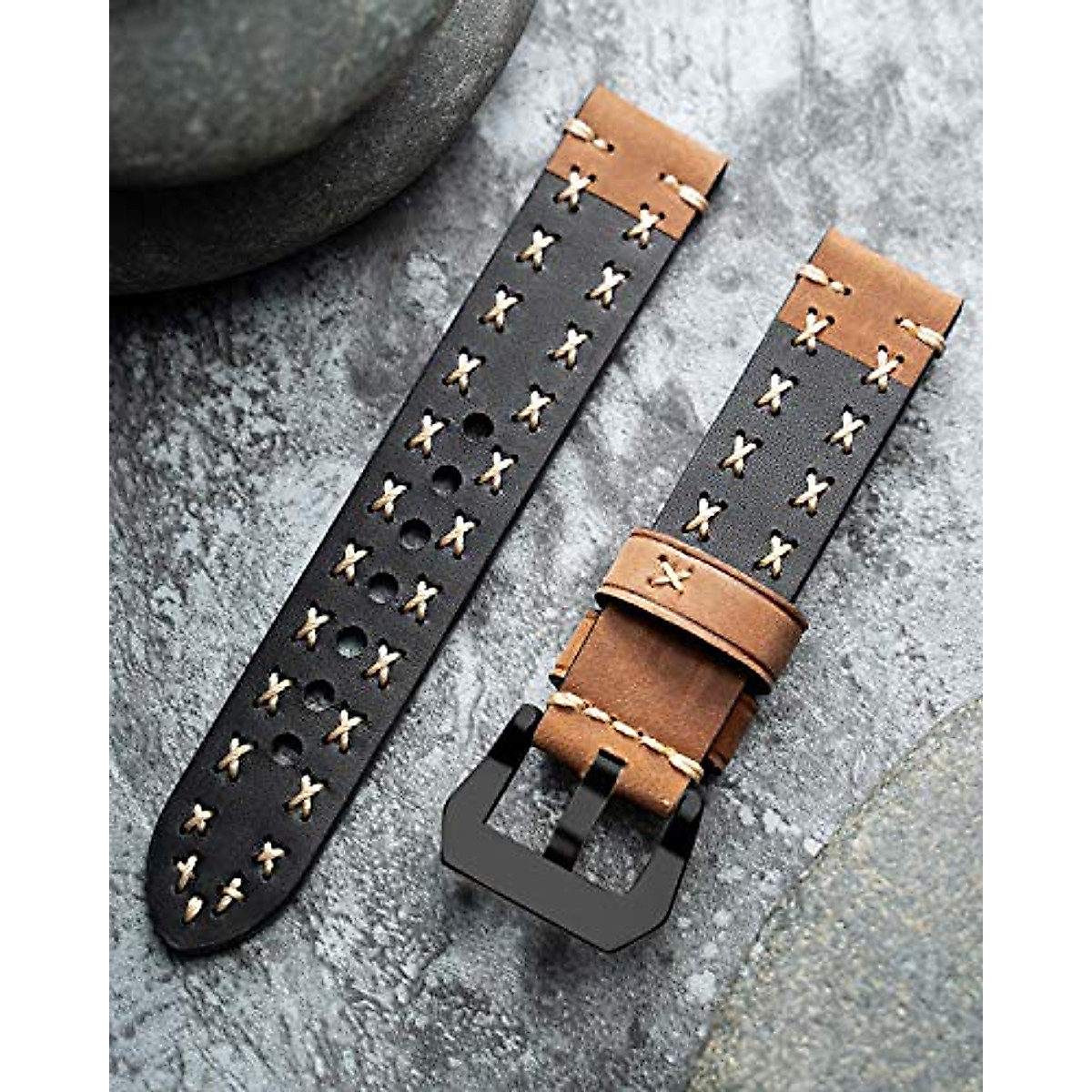 BINLUN Replacement Watch Bands Compatible with Samsung Galaxy Watch, Compatible with Huawei Watch, Compatible with Garmin Smartwatch Thick Oil Leather Watch Strap with X-Type Thick Line20/22/24mm