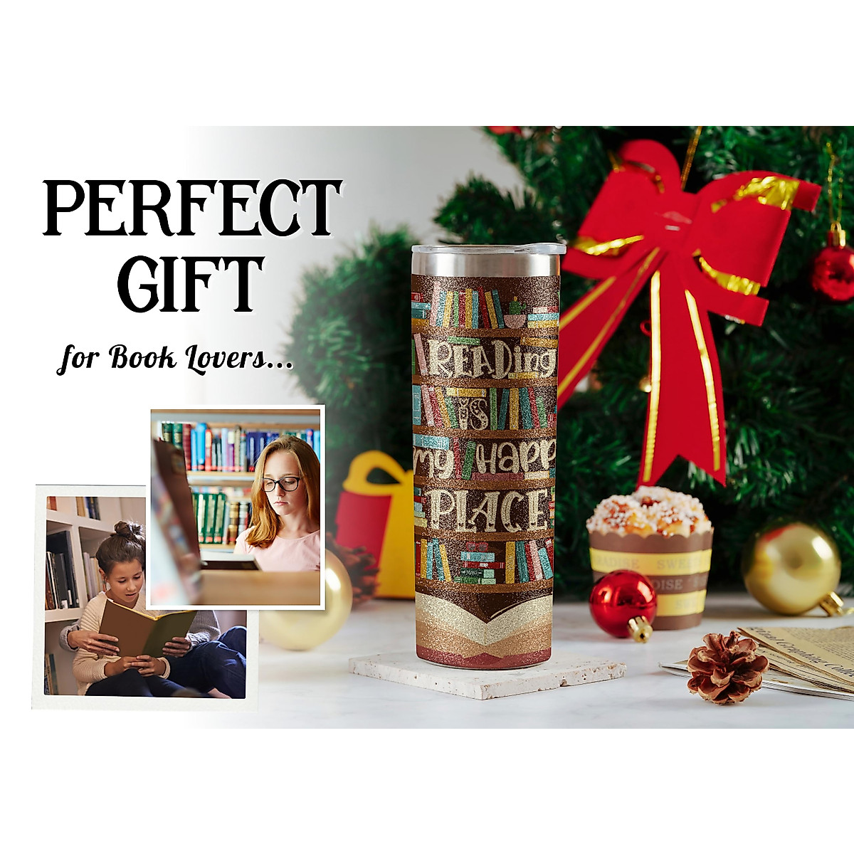 Onebttl Book Lovers Gifts For Women - 20oz/590ml Stainless Steel Insulated Tumbler with Straw, Lid - Reading Gifts for Book Worm, Librarians, Readers - Bookshelf Glitter