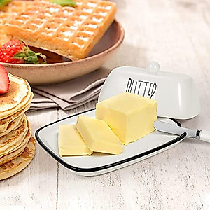 Ceramic Butter Dish with Lid Butter Knife, Spoon Rest, Salt and Pepper Shakers 5 in 1 Set, Gifts for Cooking Lovers, Food Safe, Ceramic, Snack Time, Rust-Free, White