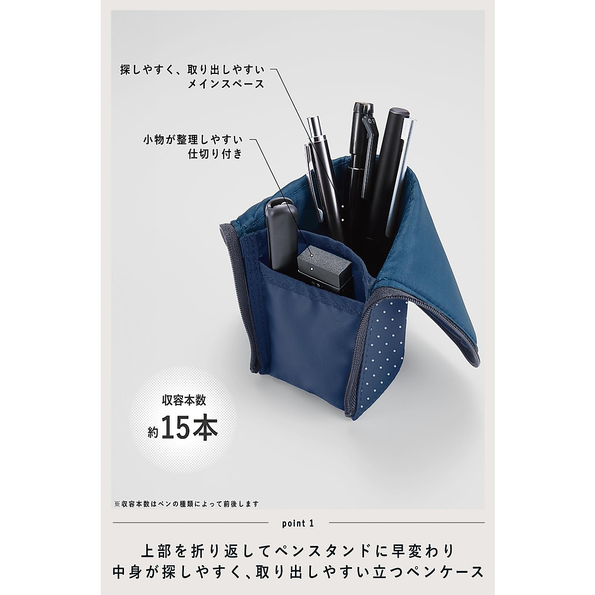 KOKUYO Pencil Case Pouch, Neo Critz Standing Pen Pouch Bag, Foldable Stand up Pencil Holder Organizer, Small Portable Pencil Box for School Office Supplies, Dot Navy, Regular Size (F-VBF180-6)