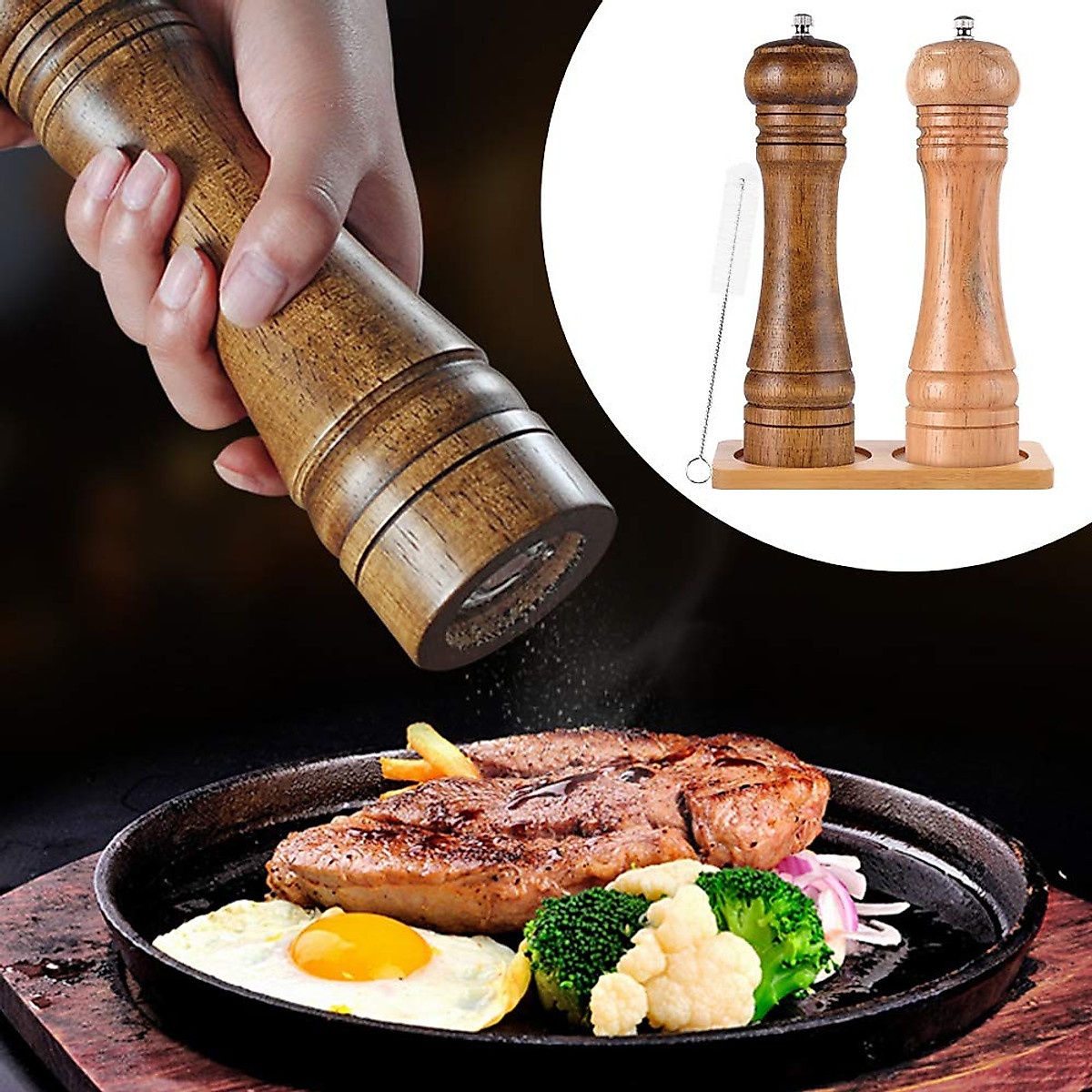 SZUAH Salt and Pepper Grinders, Oak Wooden Salt and Pepper Mills Shakers with Cleaning Brush & Wood Stand, Ceramic Rotor with Strong Adjustable Coarseness[Set of 2]