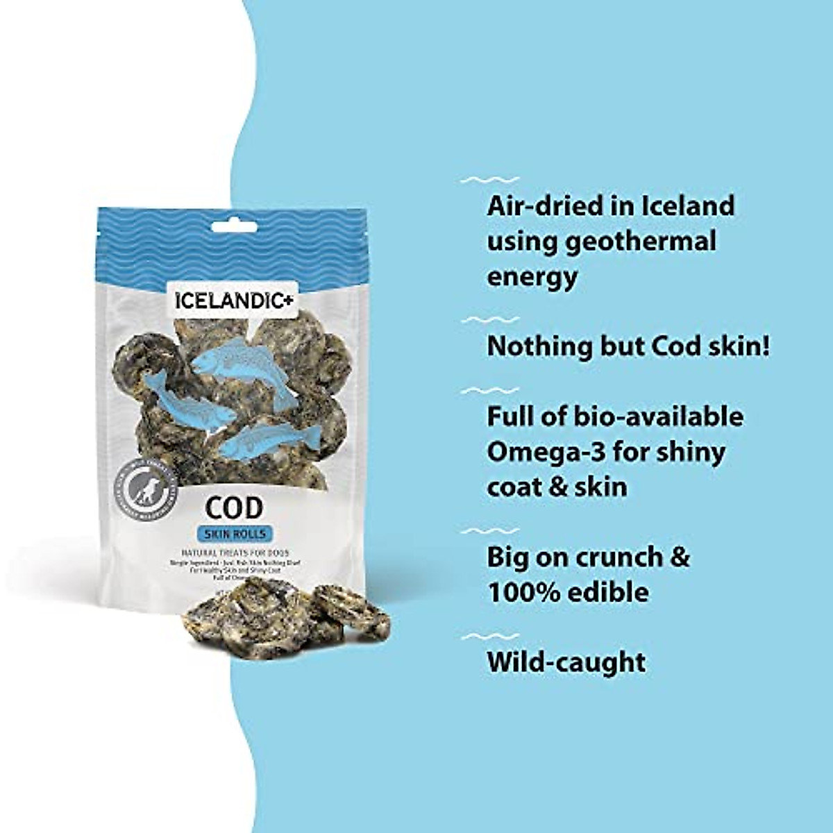 Icelandic+ Plus: Cod Skin Rolls Dog Treat, 3-oz Bag, 100% Edible and Digestible, No Additives, No Preservatives or Supplements, Full of Omega-3 for Healthy Skin and Shiny Coat