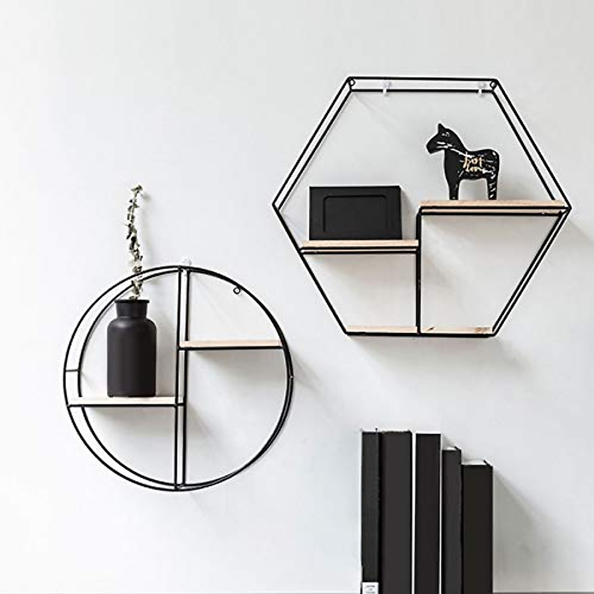 Prime Leader Wall Mounted 2 Tier Regular Hexagon Metal Display Organizer Rack Holder Floating Shelves for Bedroom Living Room Kitchen Office（Black, 18.8" x 16.5"）