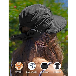 Simplicity Black Sun Hat 2 in 1 UPF 50+ Sun Protective Beach Visor Hat Garden Hats for Women Black