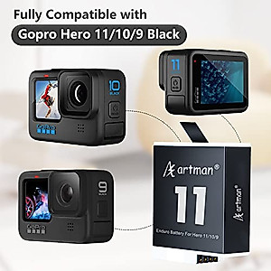 Artman Enduro Battery 3-Pack for Gopro Hero 11 Black, Hero 10 Black, Hero 9 Black with 3-Channel USB Intelligent OLED Color Display Charger (Fully Compatible with Gopro Hero 11/10/9 Battery Charger)