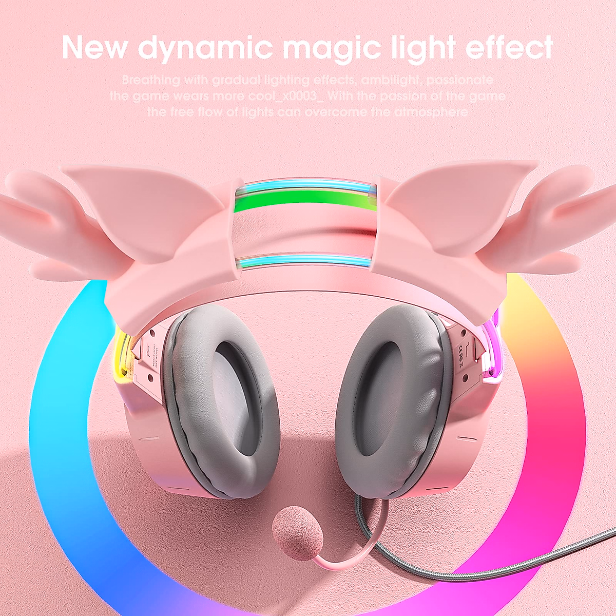 SIMGAL Antler Gaming Headset with Mic, 3.5mm Lightweight Headphones with RGB Aluminum Frame, Surround Sound, Compatible with PS4 PS5 Xbox One(Adapter Not Included) PC Mobile (Pink with Antler)