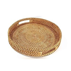 Large 13.8 Inch (35 cm) Serving Basket, Round Rattan Tray with Cut-Out Handles, Hand Woven Serving Tray for Home and Kitchen, Decorative Natural Color Wicker Tray for Coffee Table