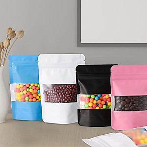 100 Pieces Smell Proof Mylar Bags, Resealable Food Storage Bags with Clear Window, Foil Pouch Stand-up Bags for Food Self Sealing Storage Supplies (White, 4 x 6 Inch)