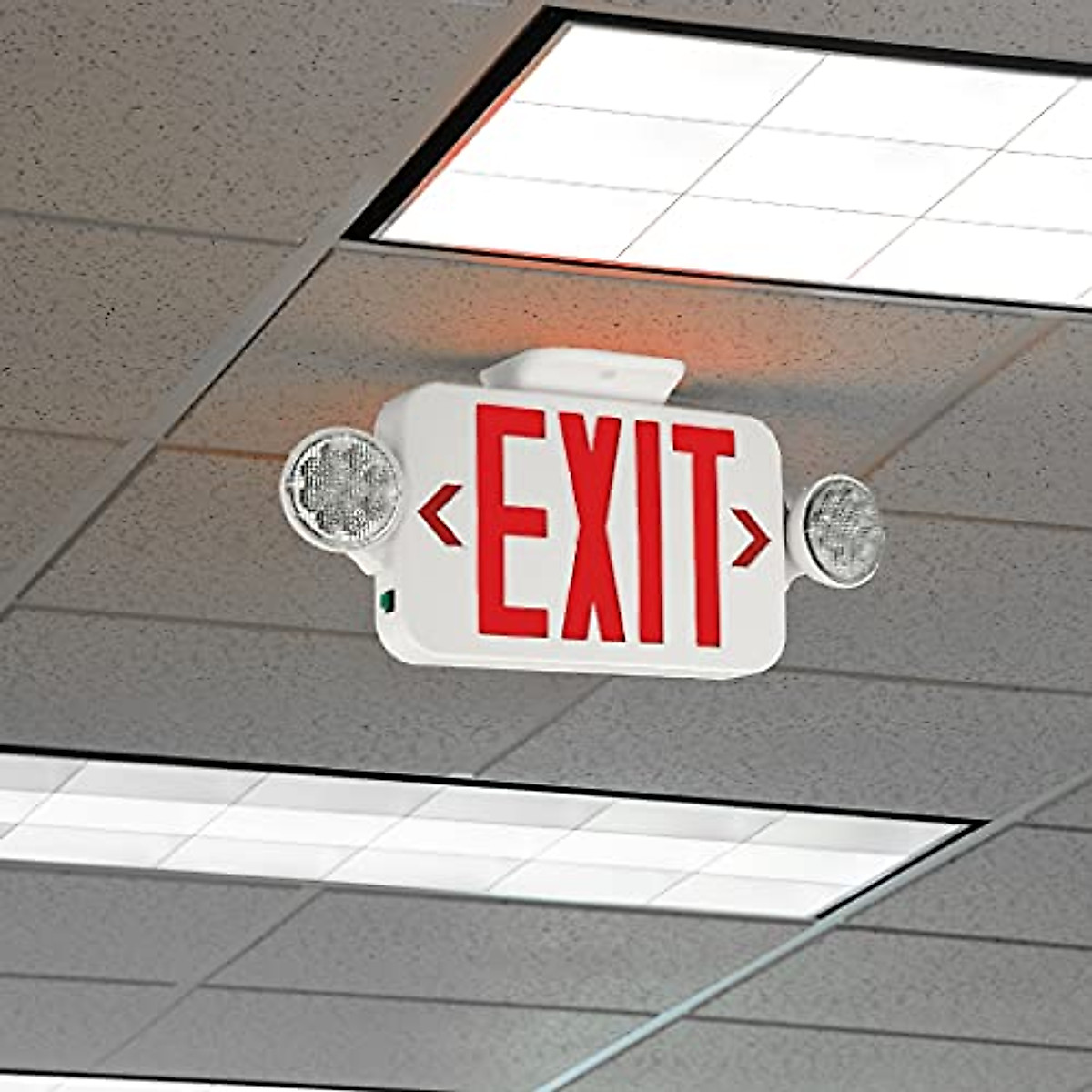 Hubbell Lighting CCRRC Emergency Exit Sign, Remote Compatible Combination Emergency Light and Exit Sign for Stair-Wells, Hallways, Offices, 2 Fully Adjustable LED Heads, White with Red EXIT Letters