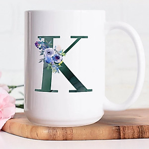 Christmas Funny White Ceramic Coffee Mug 15oz Blue Floral Green Initial Letter K Monogram Alphabet Coffee Cup Humorous Tea Milk Juice Mug Novelty Gifts for Xmas Colleagues Girl Boy