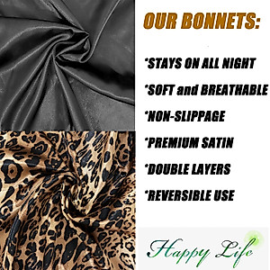 2 Pcs Silk Bonnet for Sleeping Satin Bonnet Double Layer Hair Bonnet for Curly Hair Comforable Hair Wrap Reversible Sleep Cap (Black+Leopard)
