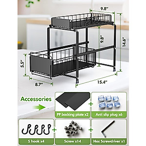 Docusvect Under Sink Organizer, 2-Tier Metal Under Cabinet Sliding Storage, Under Kitchen Sink Organizer, Under Sink Organizers and Storage with Hooks, Organizer for Bathroom Kitchen (Steel-1Pack)