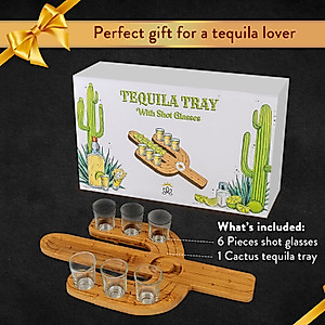 WONDERMAR Cactus Tequila Tray & Shot Glasses Set - Tequila Gifts & Mexican Gifts - Bamboo Shot Glass Holder Serving Tray - Flight Board with Lemon Bowl, Salt Rimmer & Shot Glass Set - Party Shot Board