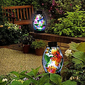 SUBOLO Hanging Solar Lantern Outdoor Garden Metal Glass Dragonfly & Hummingbird Pattern LED Light Solar Powered Waterproof Landscape Table Lamp for Patio, Yard and Pathway - 1 Pc