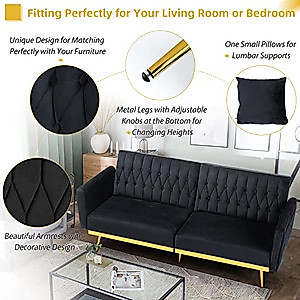 ACMEASE 70” Velvet Futon Sofa Bed with 2 Pillows and Adjustable Armrests, Convertible Sleeper Bed, Modern Loveseat for Living Room, Bedroom, Black