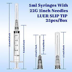 Xuanda 5ml/cc Syringes with 22 G Safety Individually Wrapped (25)