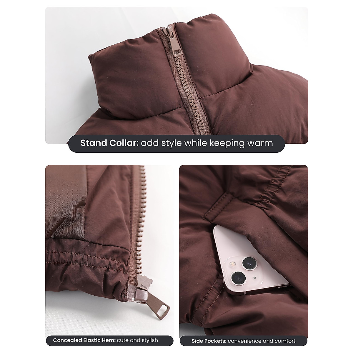 UANEO Womens Cropped Puffer Vest Zip Up Stand Collar Sleeveless Padded Cropped Vest (Brown-M)