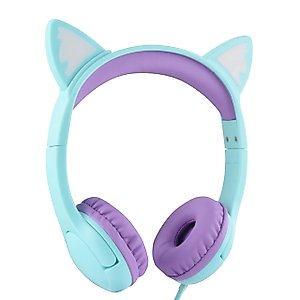 Olyre Kids Headphones with MIC for School, 85dB Safe Volume Limited Light Up Cat Ear Headphones,Wired Cord On-Ear Headphones for Children/Boys/Girls/Travel-Green/Purple
