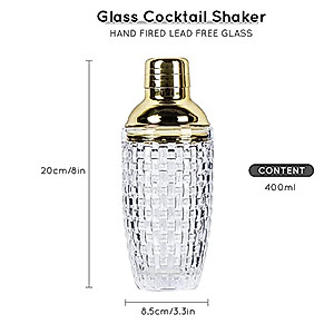 Glass Cocktail Shaker Kit, JOYCEMALL 13 Ounce Martini Mocktail Making Set with Leakproof Metallic Steel Lid & Strainer for Home Use & Bar Cart Gold