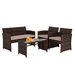 Patio Furniture Set Outdoor Furniture Wicker Conversation Set Rattan Outdoor Chairs Loveseats with Cushion Glass Table for Outdoor Indoor Use Poolside Lawn Porch Balcony Garden (Brown and Khaki)