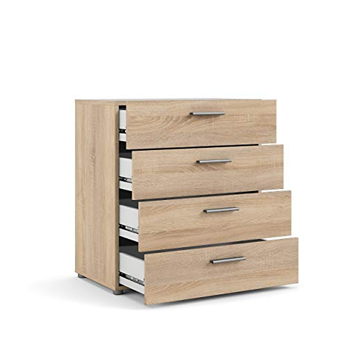 Tvilum Bedrooms, Living Areas, or Entryways, Silver Handles, Steel Brackets at Bottom 4 Drawer Chest, 15,85 in D x 26,81 in H x 31,57 in W, Oak
