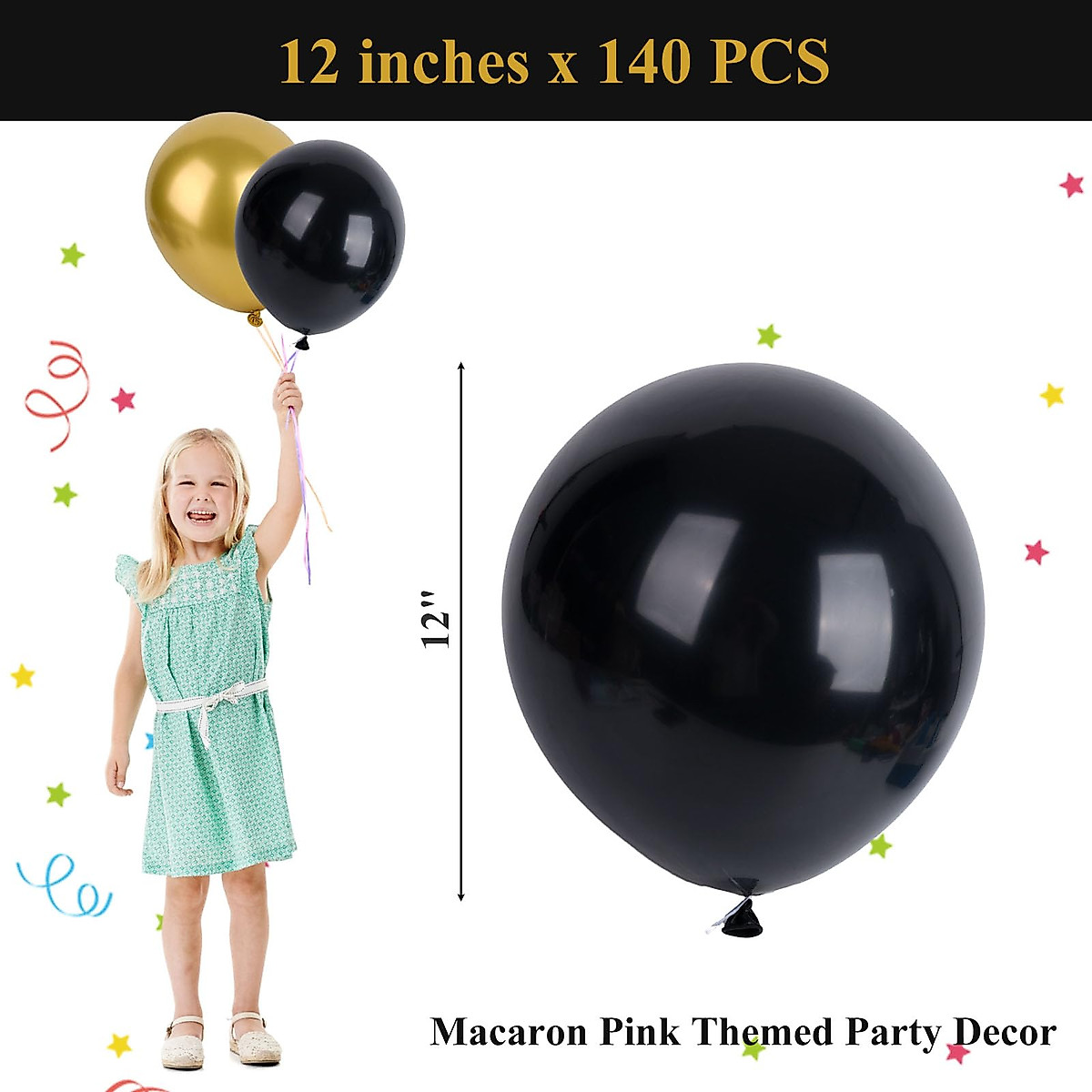 MCPINKY 140PCS Black Balloons, 12 Inch Latex Balloons Garland Arch Kit for Wedding Birthday Baby Shower Graduation Party Decor