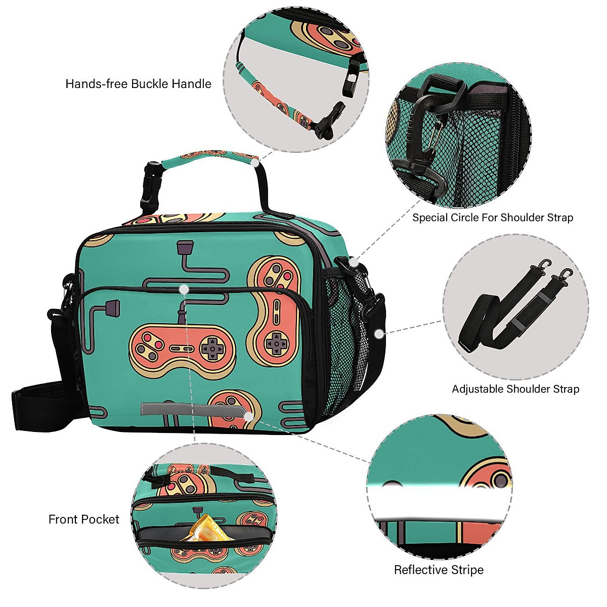 KOCOART Joystick Gamepad Lunch Bag for Women Men Retro Insulated Cooler Tote Bag with Adjustable Shoulder Strap Large Capacity Reusable Leakproof Picnic Lunch Box Outdoor for Adult Office