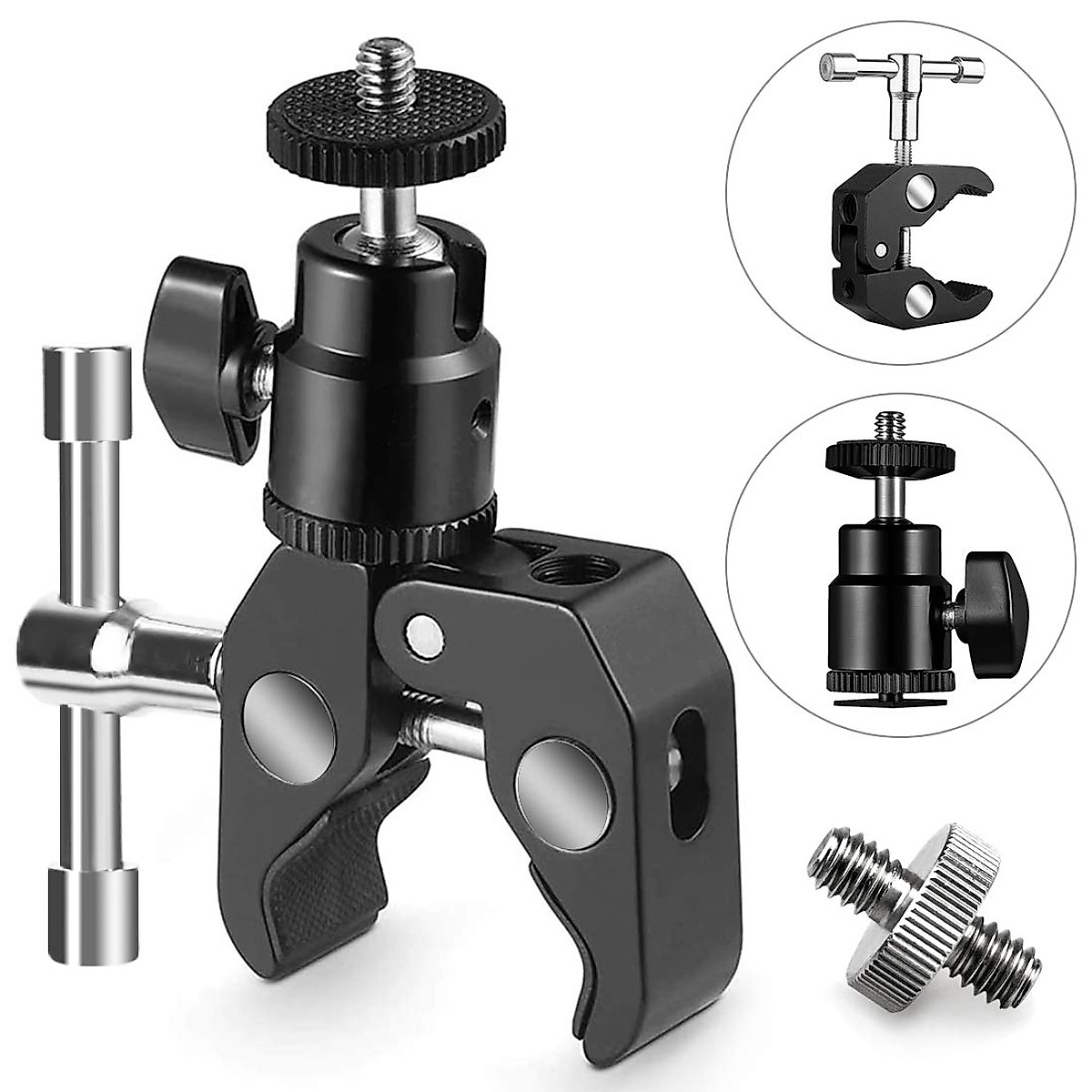 SLOW DOLPHIN Photography Super Clamp with Camera Clamp Mount Ball Head Clamp and Mini Ball Head Hot Shoe Mount Adapter with 1/4'' -20 Tripod Screw for Monitor, LED Lights, Flash Light,Microphone