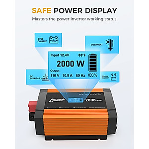 Ampeak 2000W Power Inverter with Remote 3AC Outlets 6.2A USB Ports Inverter DC 12V to AC 110V 17 Protections Inverter for Vehicles